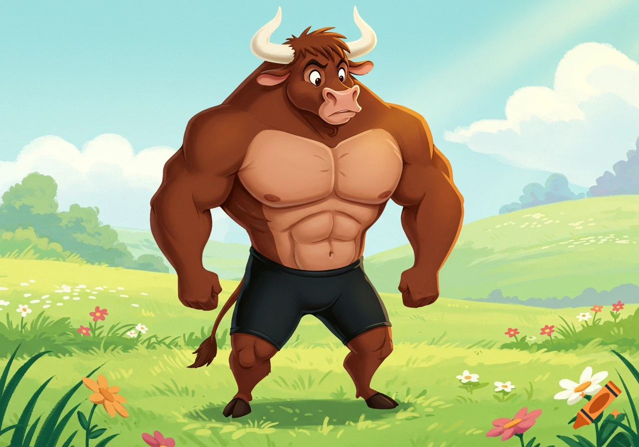 A muscular, brown cartoon bull with white horns stands in a grassy ...