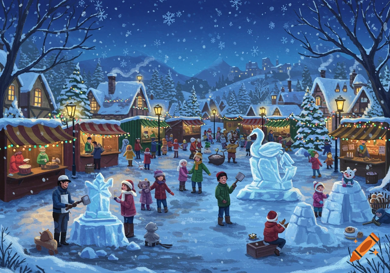 A brass band and carolers perform in a snowy town square illuminated by ...