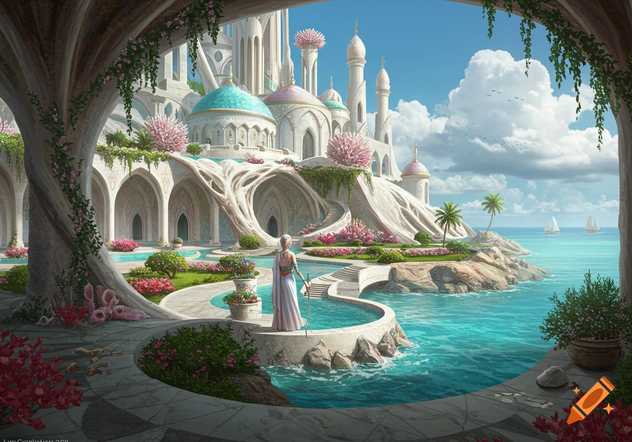 A vibrant fantasy coastal city with white and blue Atlantean ...