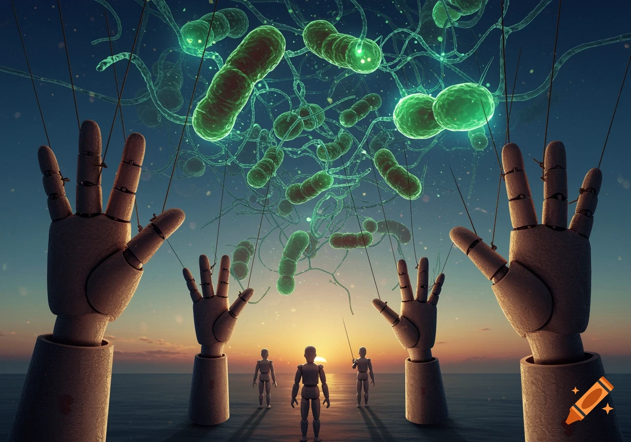 Large wooden puppet hands control small mannequin figures on an ocean ...