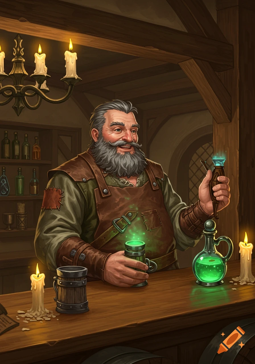 A smiling, grizzled bearded fantasy barkeep behind a wooden bar ...
