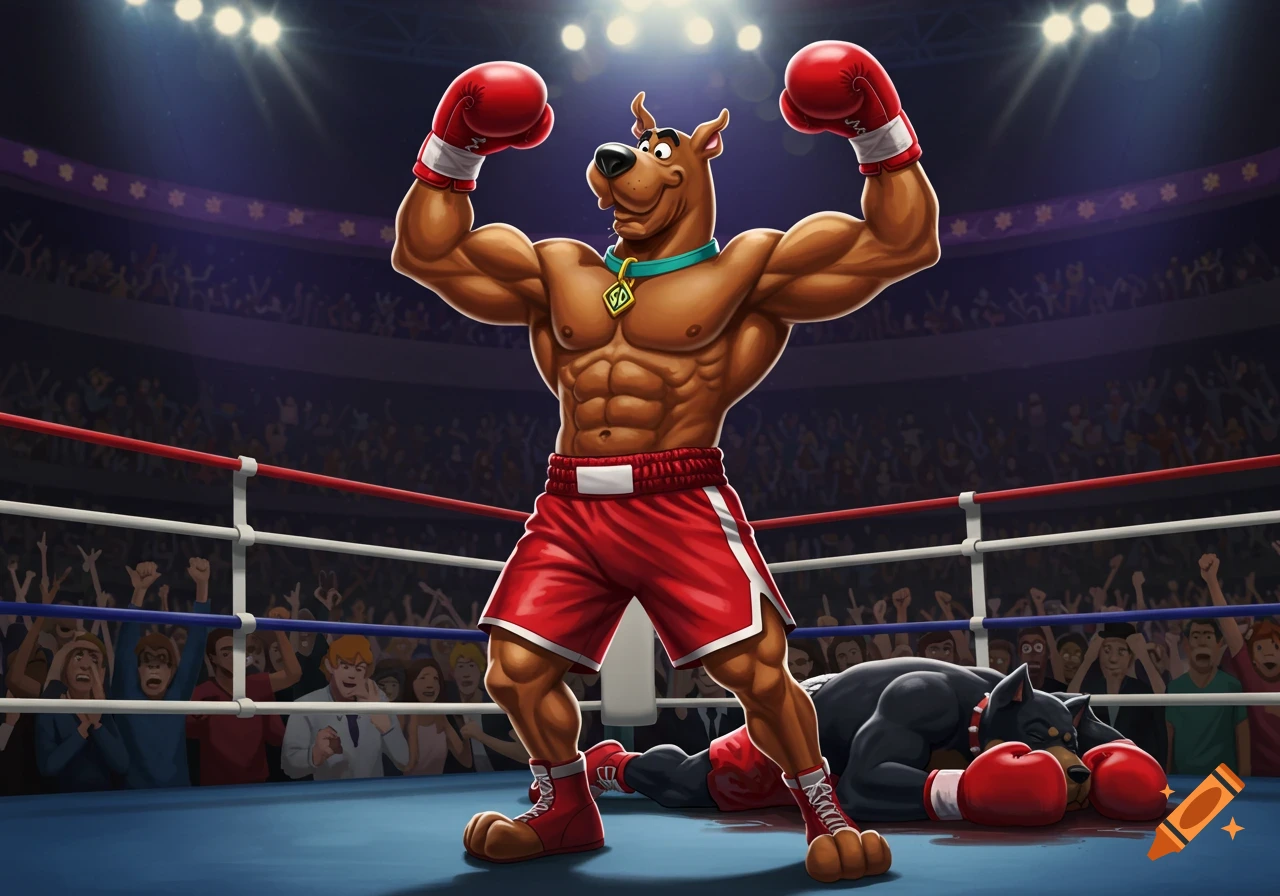 Muscular Scooby Doo in boxing shorts and gloves flexes his biceps in a ...