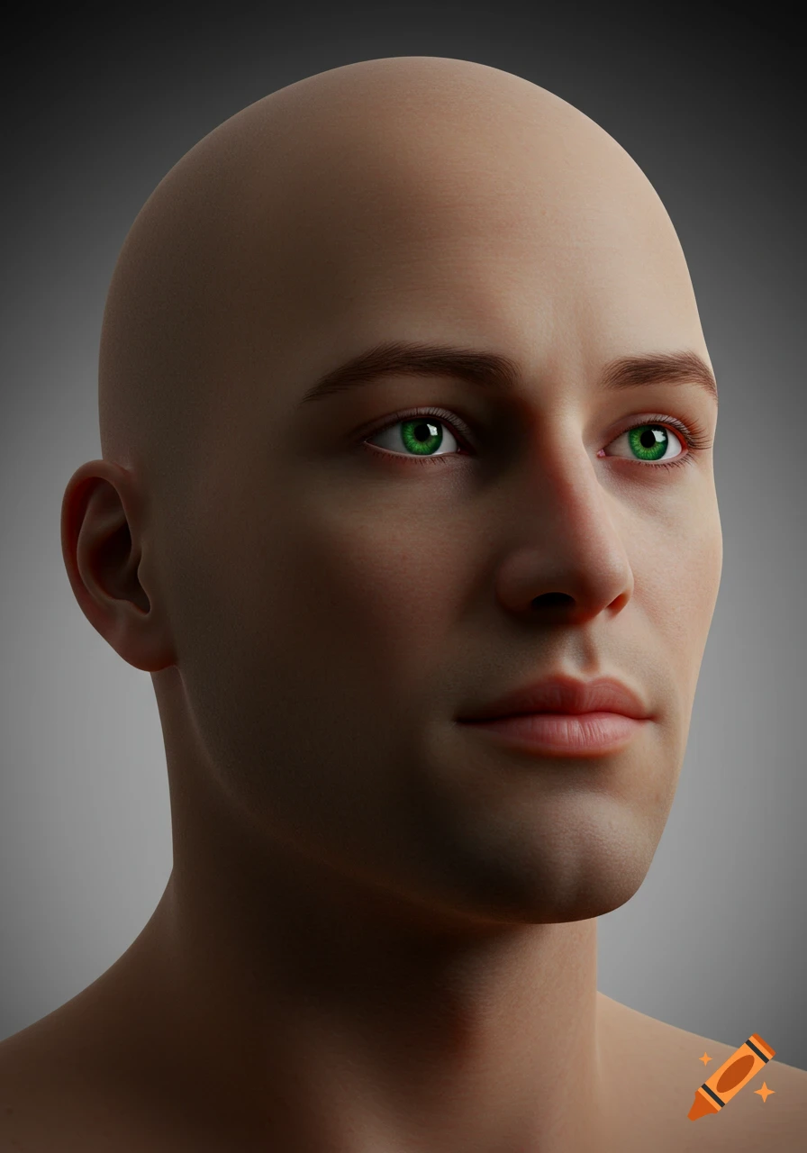 A photorealistic 3D render of a bald man with vibrant green eyes ...