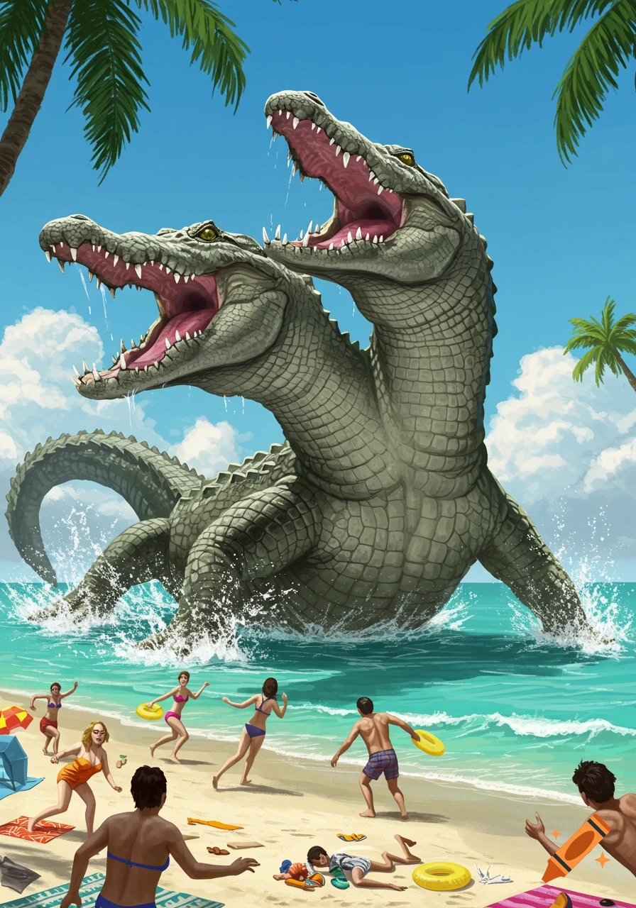 A giant two-headed alligator emerges from turquoise water onto a sandy ...