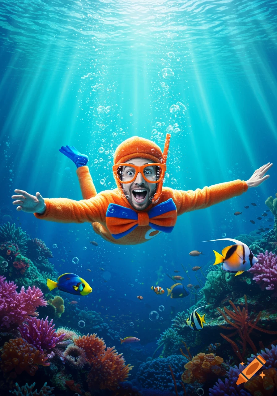 A vibrant cartoon turkey with a blue swim cap and goggles splashes in ...