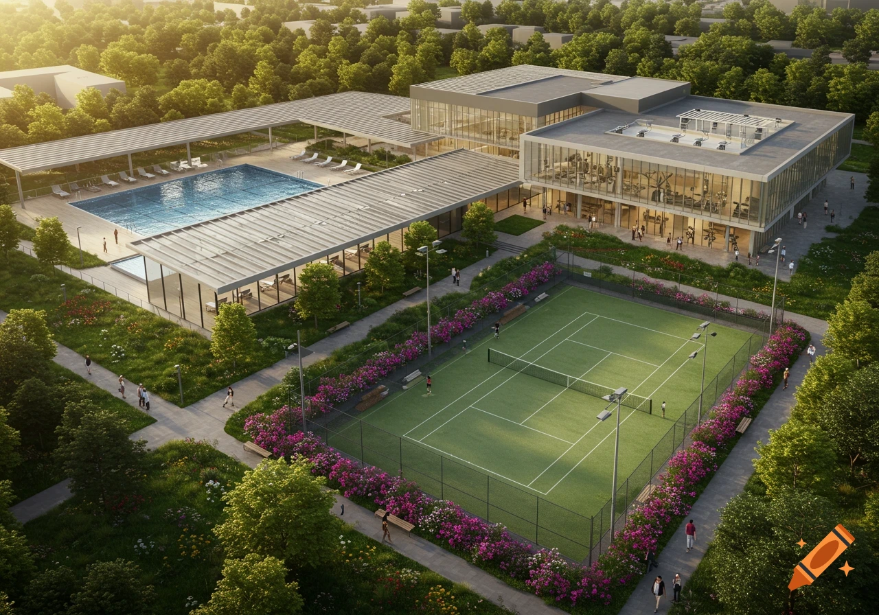 A grand, modern hotel building with illuminated windows, a large ...