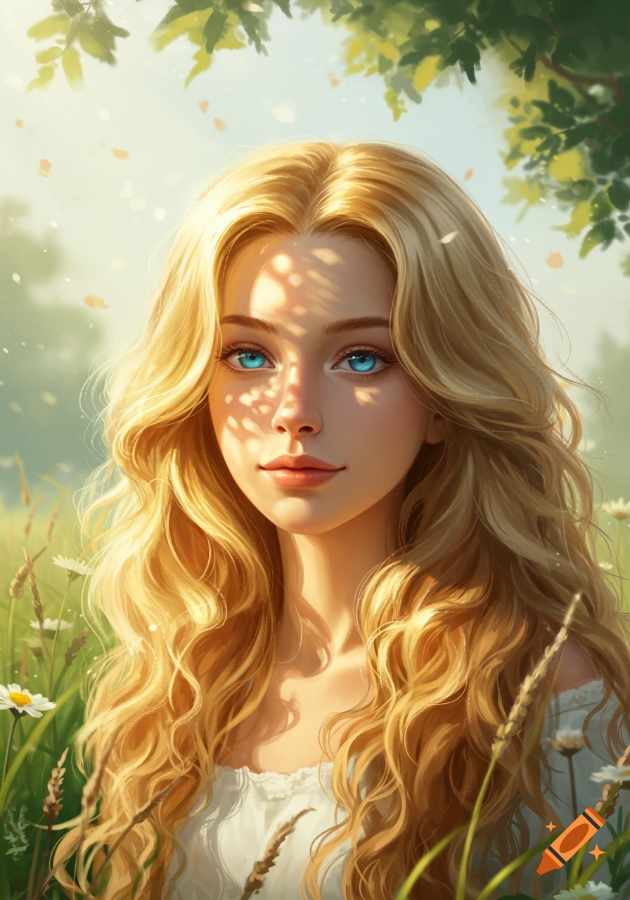 A young woman with wavy blonde hair and green eyes wears a sunflower crown in a golden field ...