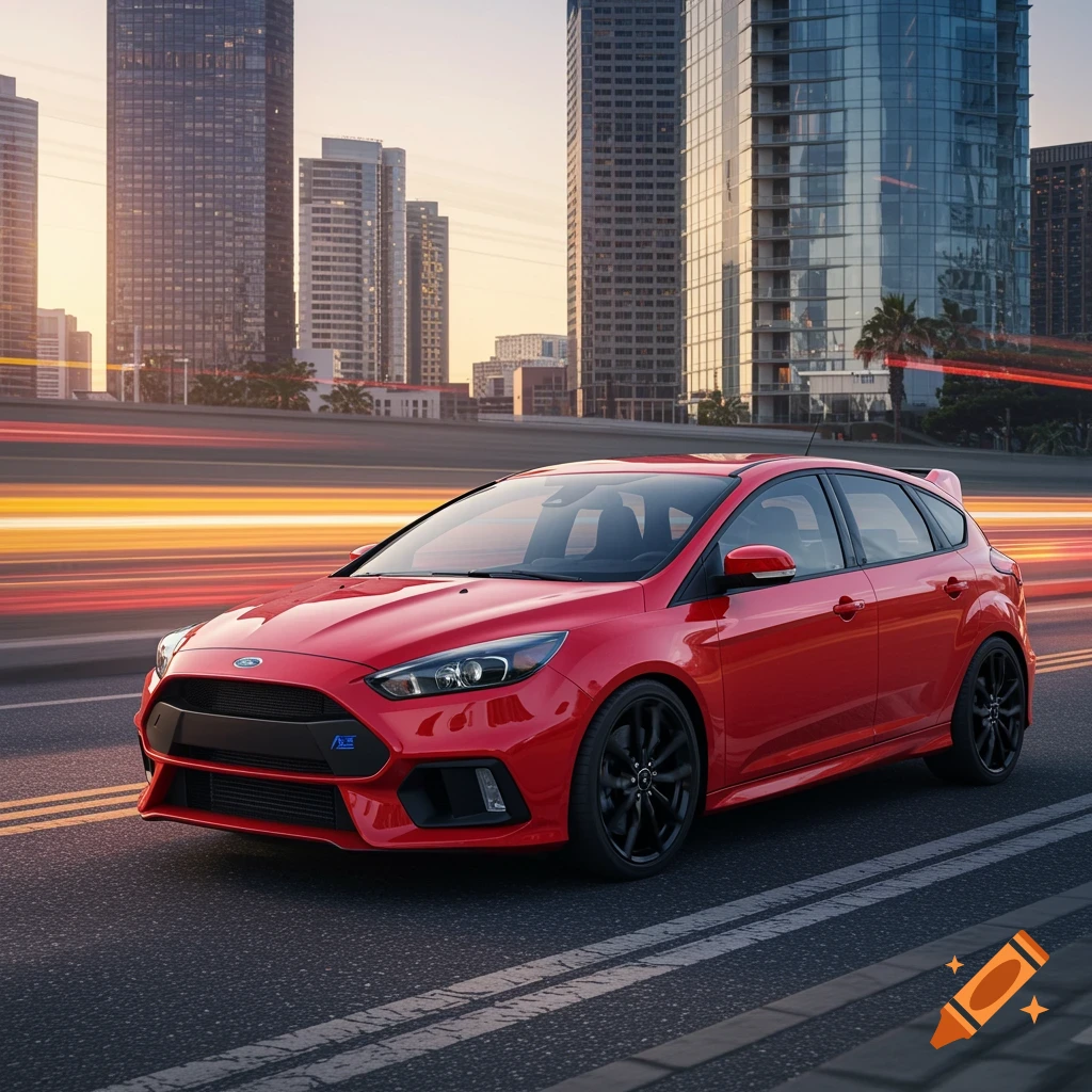 A bright red Ford Focus RS hatchback drives on a city street at dusk ...
