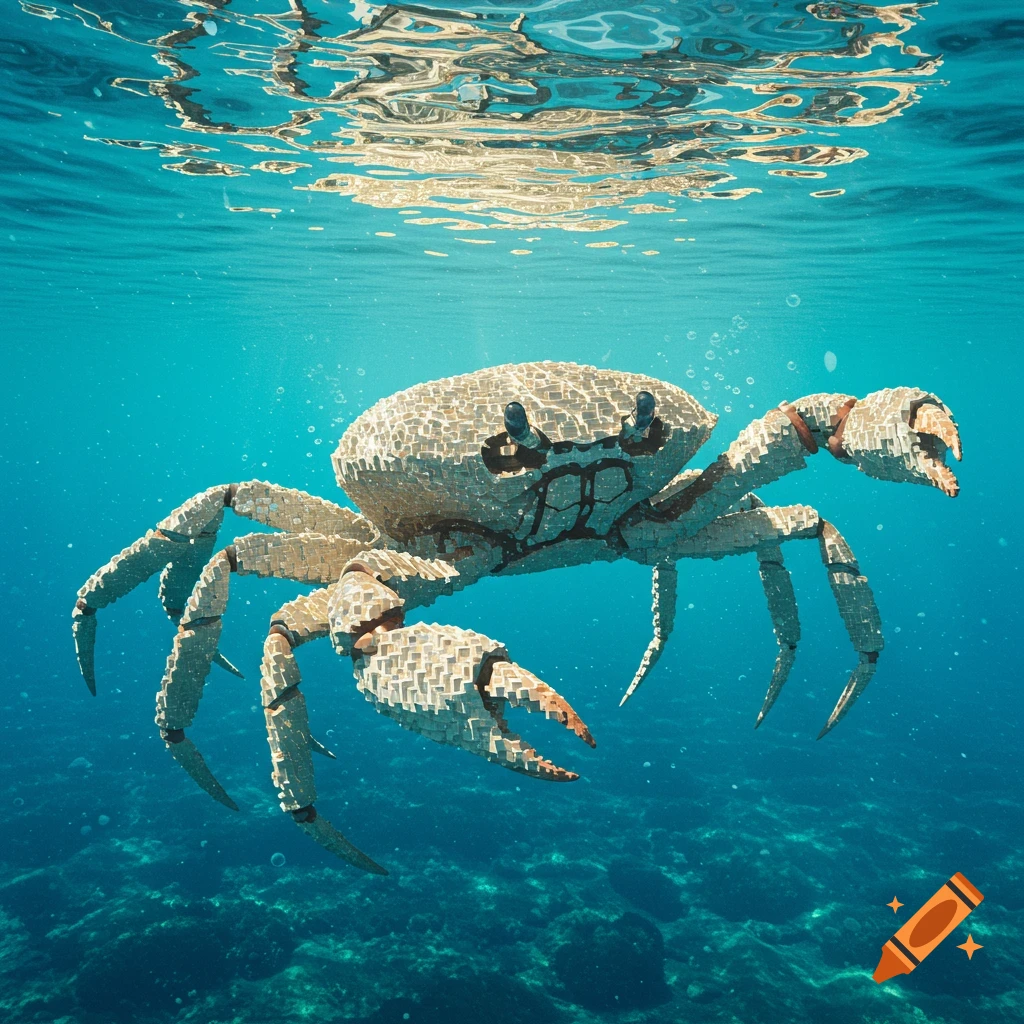 A stylized crab made of small, light-colored cubes swims underwater ...