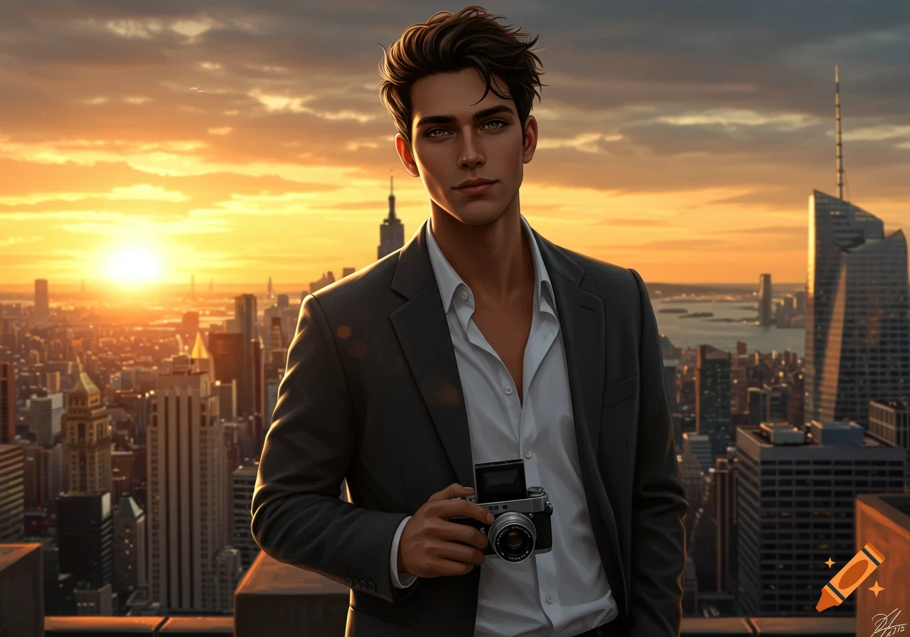 A striking male vampire with pale skin, glowing blue eyes, and pointed ...