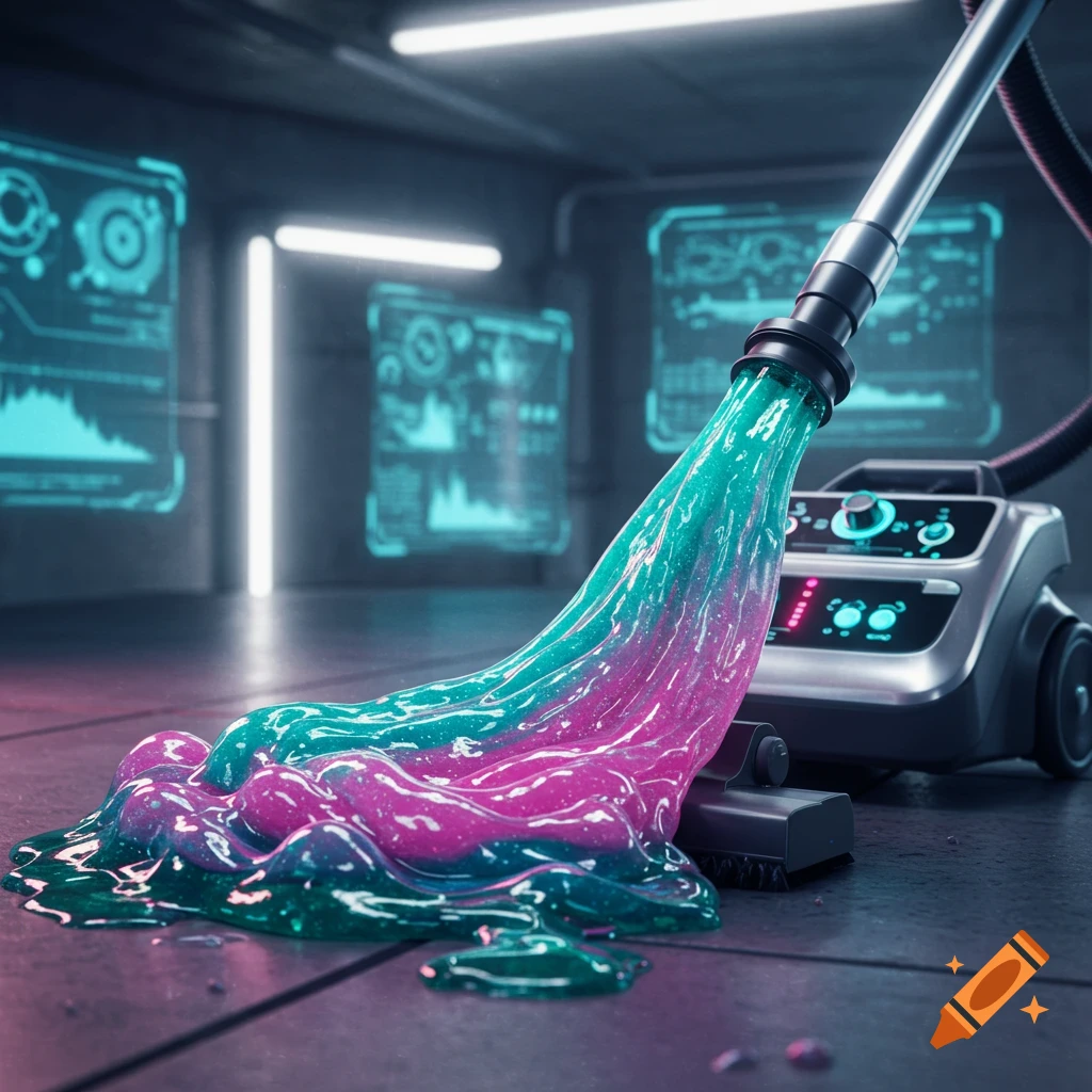 Glowing pink and blue slime pours from a vacuum cleaner onto a dark ...