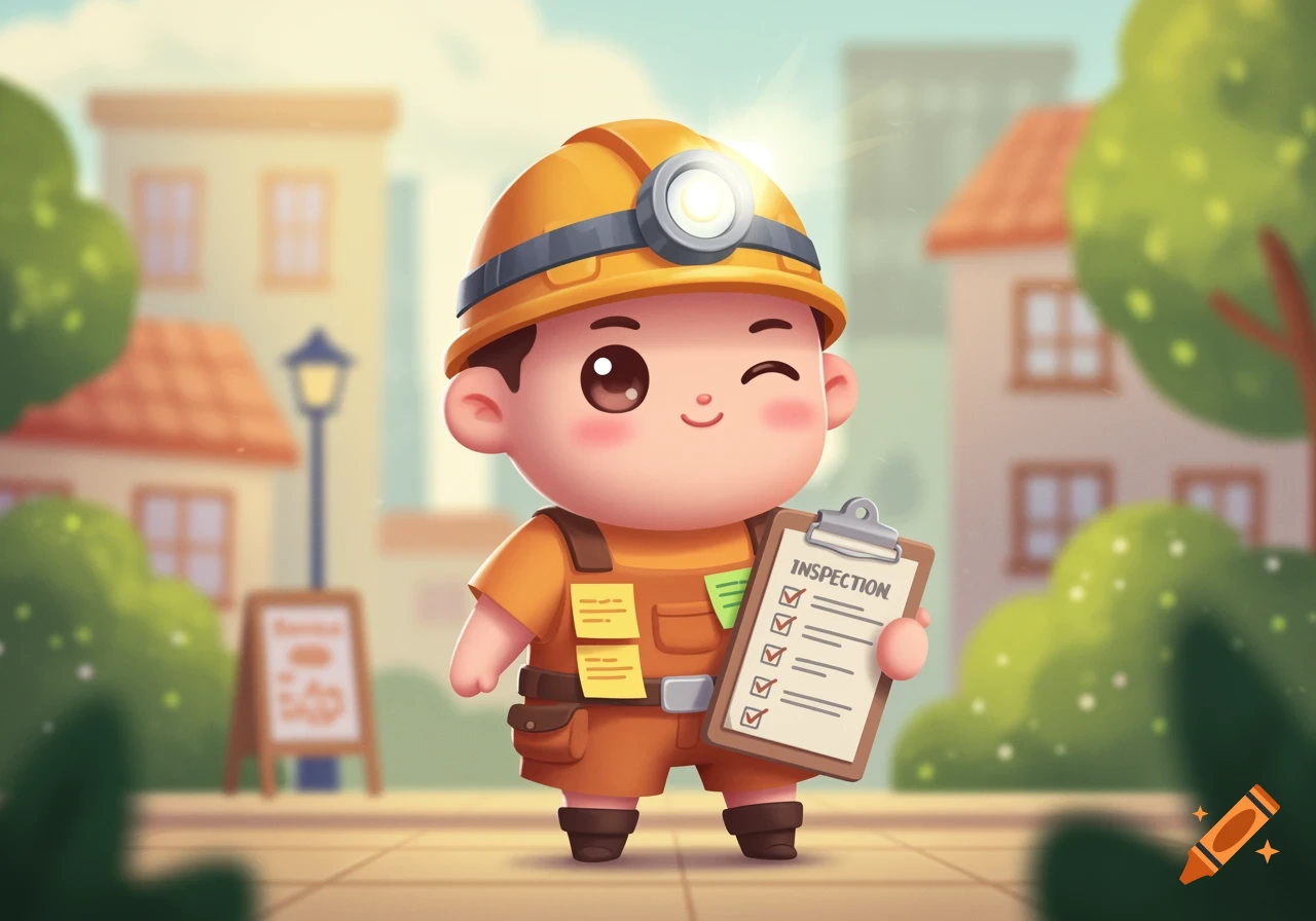 Cute cartoon boy in construction helmet and overalls holding an ...