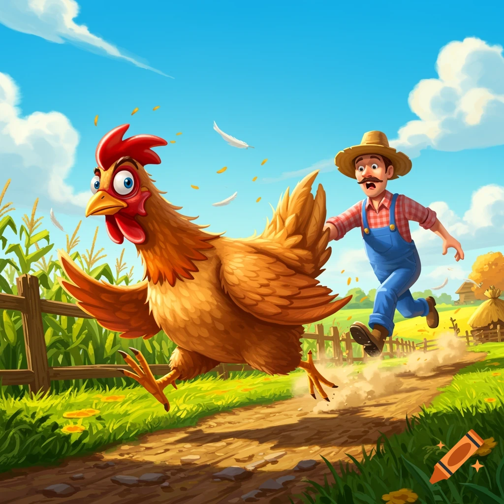 A vibrant cartoon shows a wide-eyed chicken running from a farmer on a ...