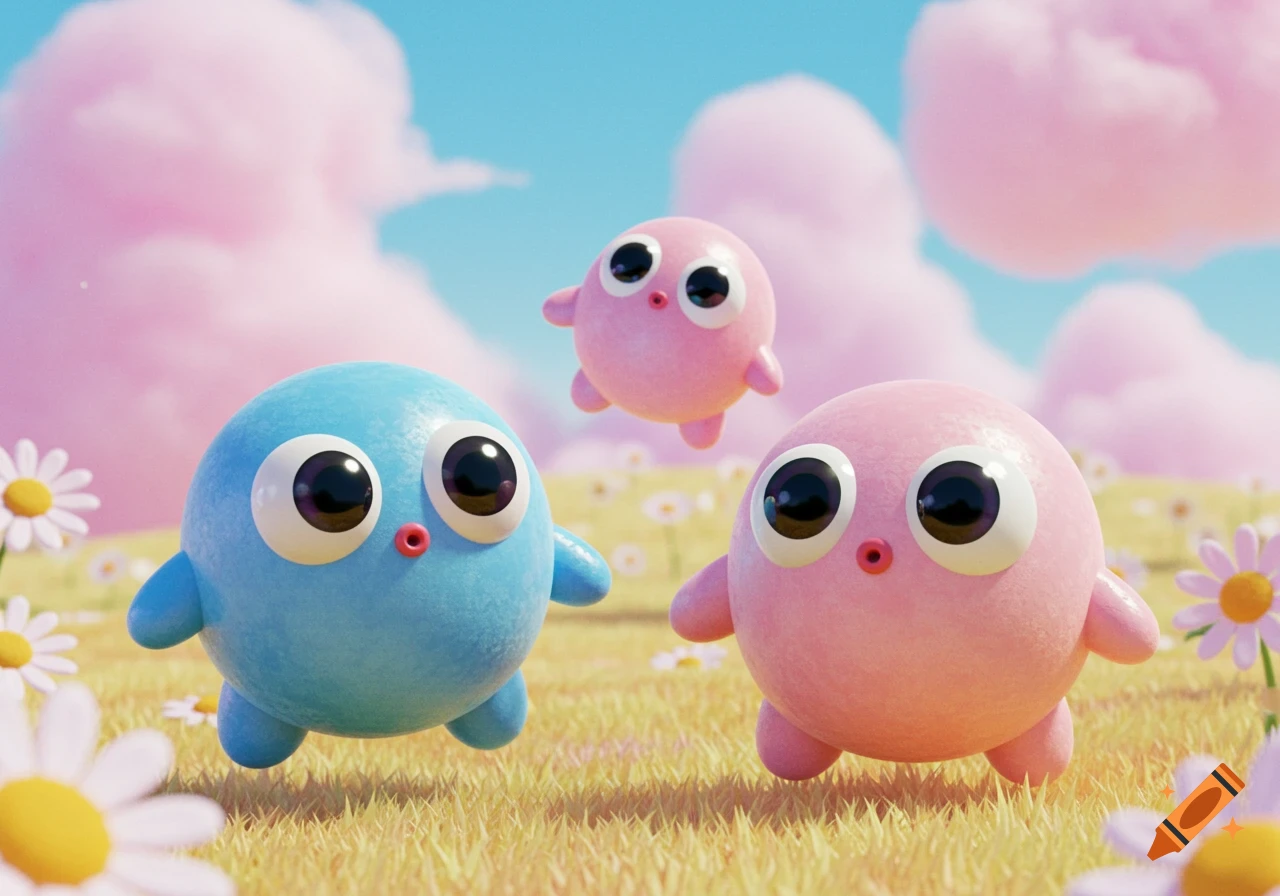 Two pink and one blue spherical, cartoon creatures with large eyes in a ...