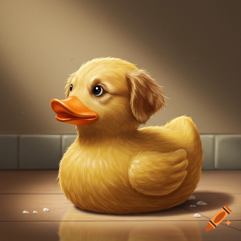 A yellow rubber duck with dog-like fur and ears sits on a wooden floor ...