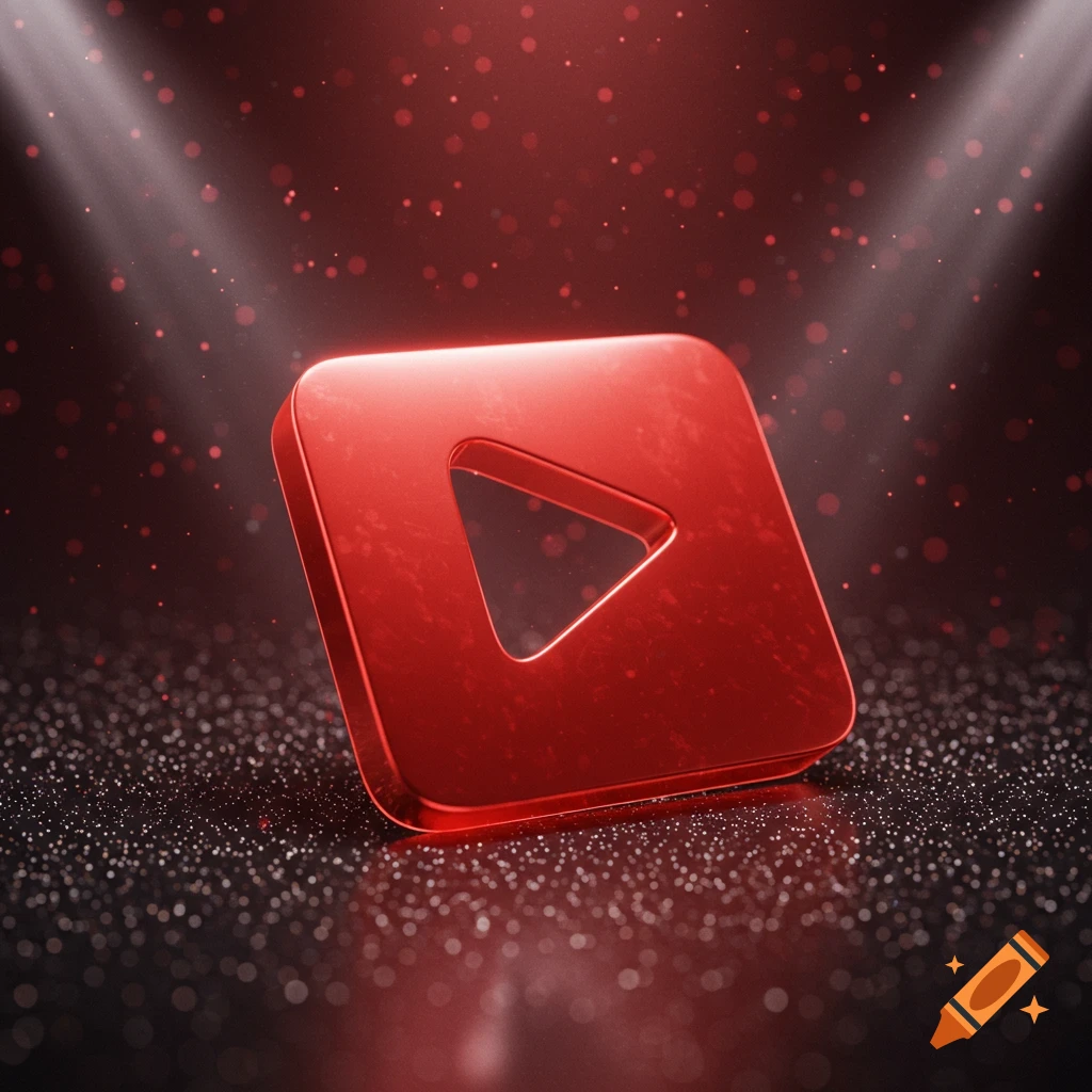 A shiny red metallic play button icon on a dark background with red ...