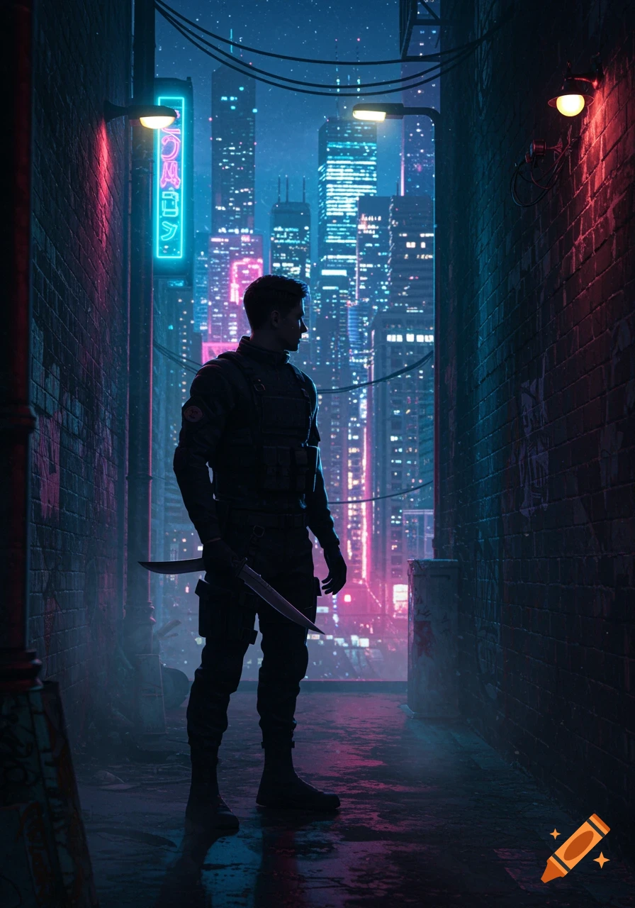 A man in tactical clothing holds a knife in a dark alley, lit by neon ...