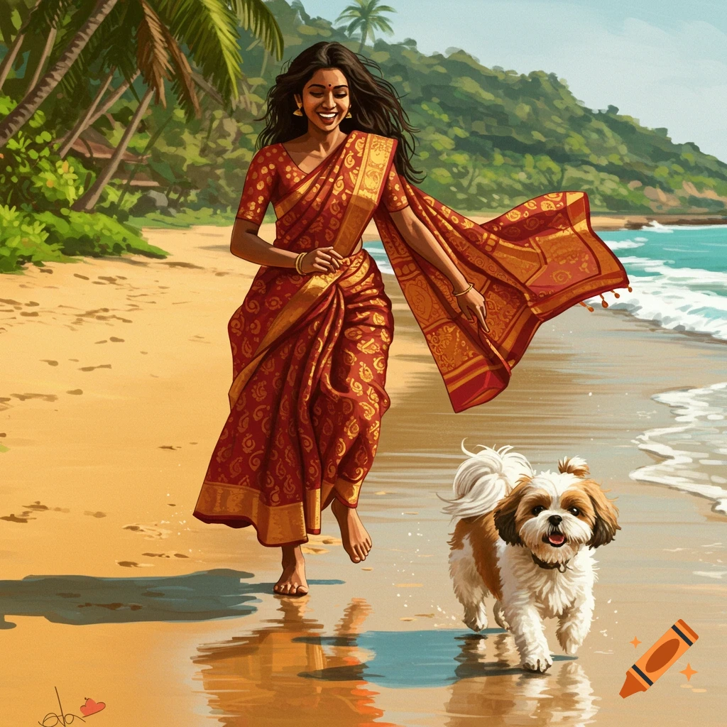 An illustration of a woman in a red sari running barefoot on a sunny ...