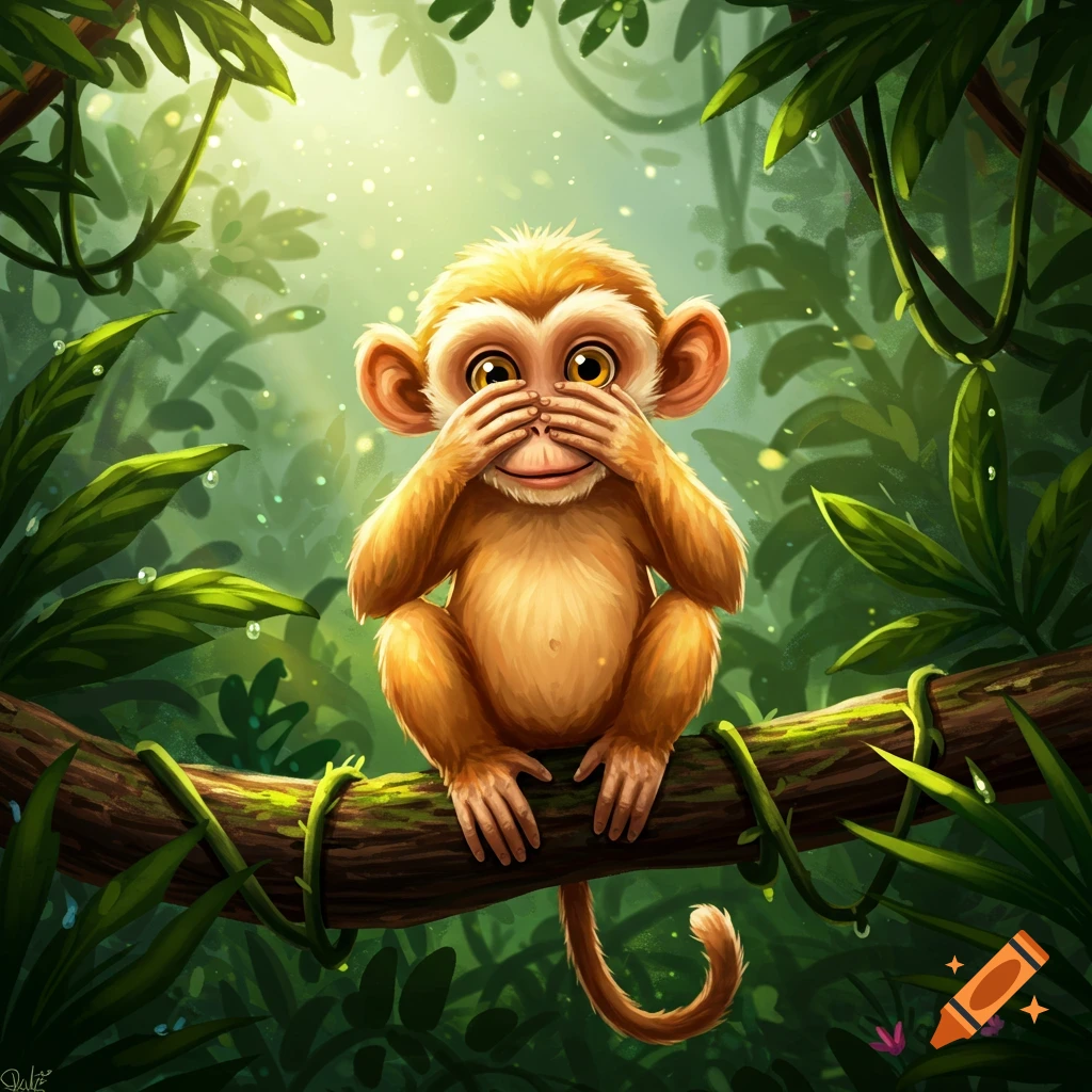 Cartoon monkey covering its face with its hands, sitting on a branch in ...