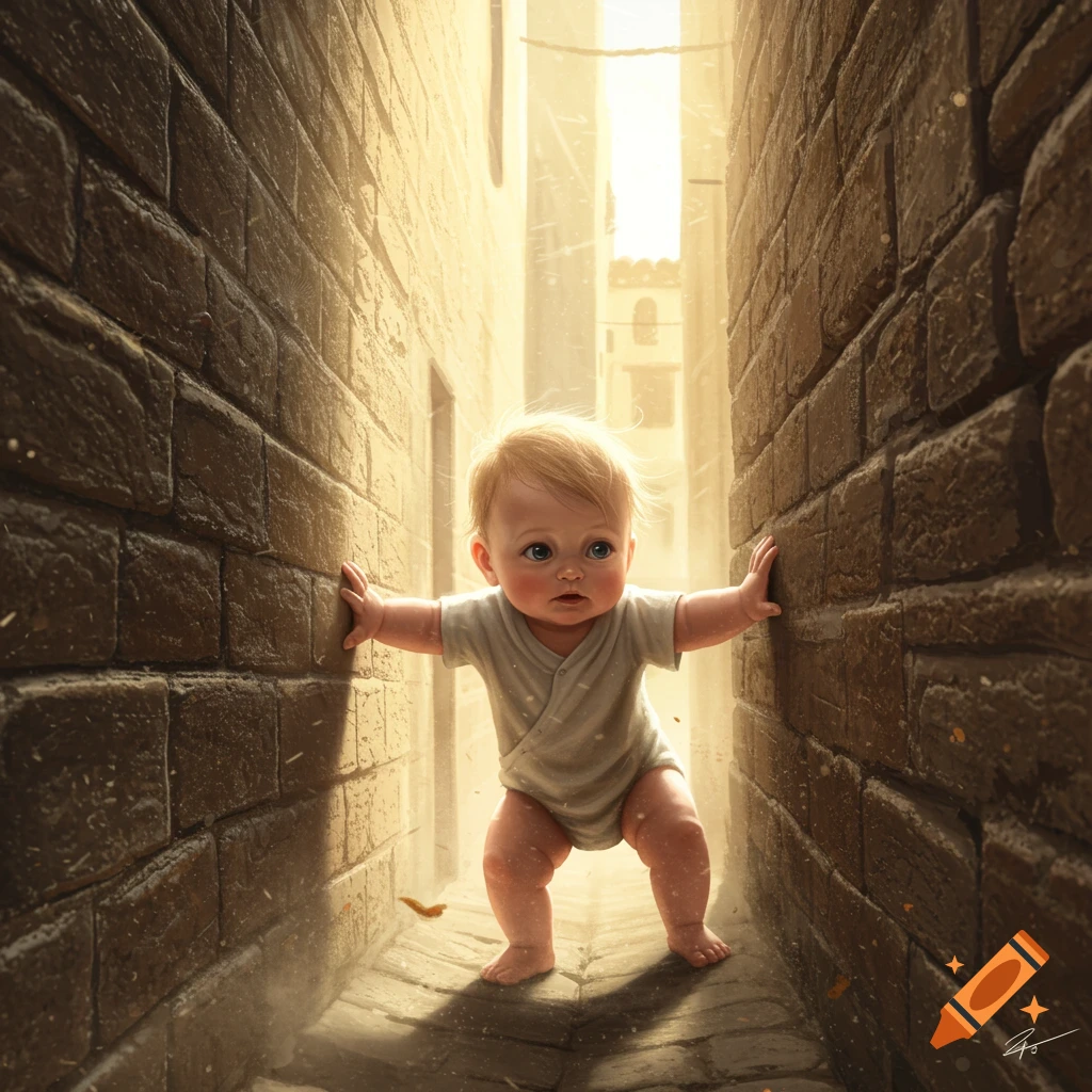 A photorealistic baby with blonde hair holds onto brick walls in a ...