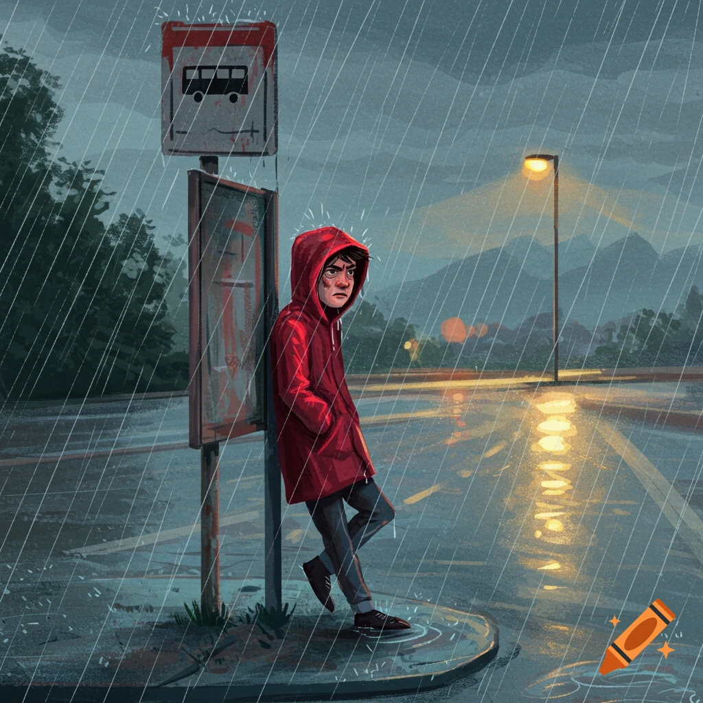 An illustrated girl in a yellow raincoat and red boots joyfully jumps ...