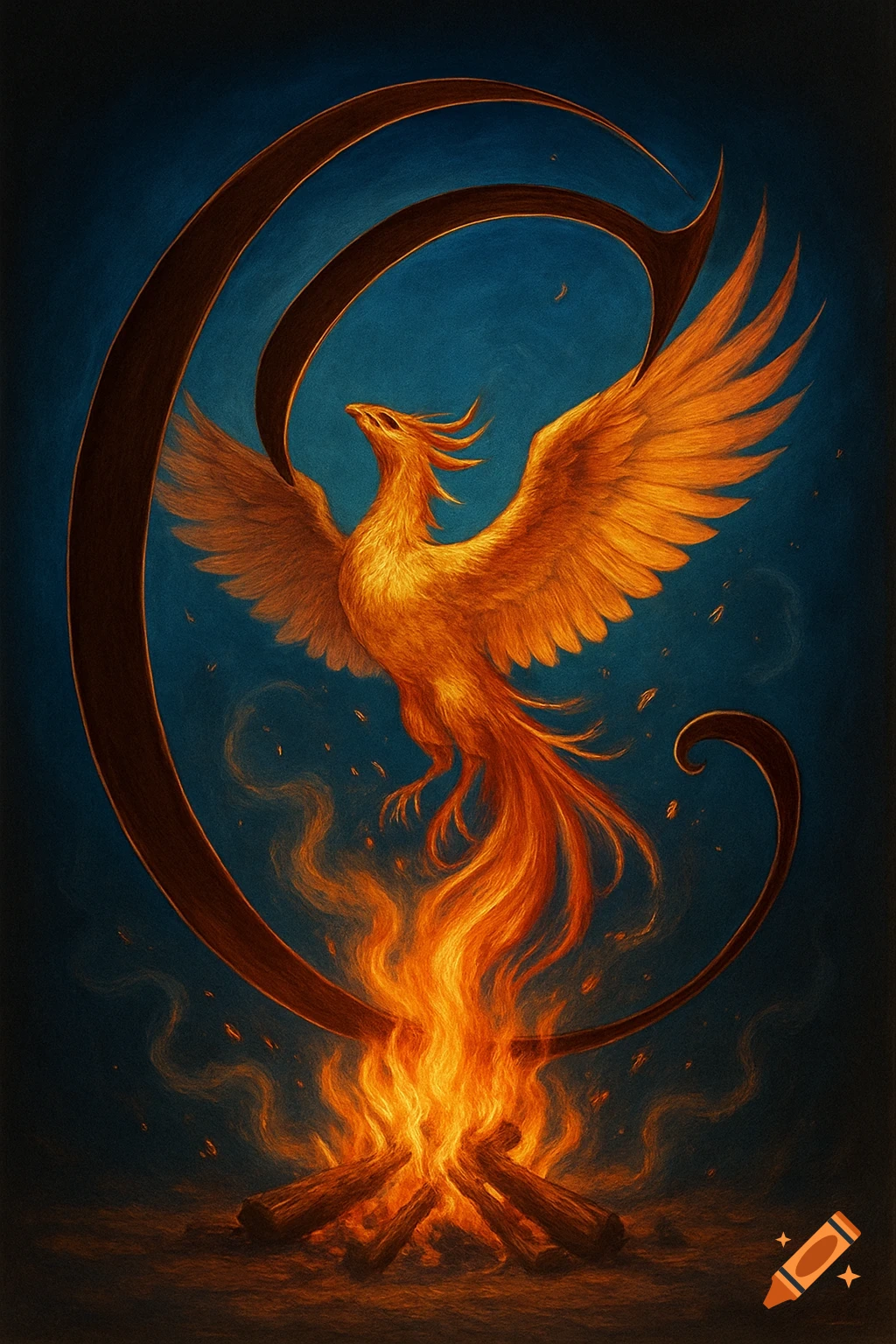A colorful phoenix with outstretched wings and flowing tail feathers ...