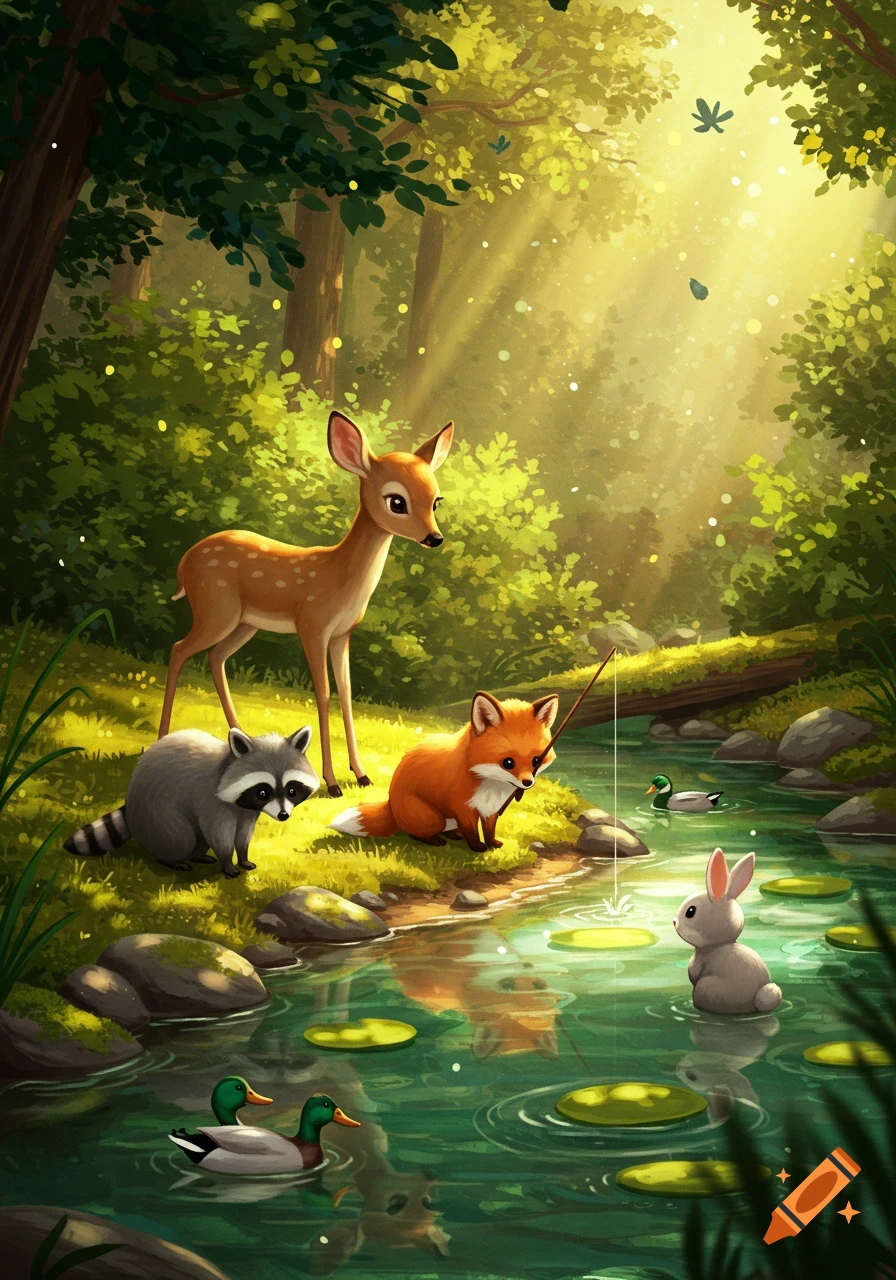 Illustrated image of cute forest animals: a fox fishing by a stream ...