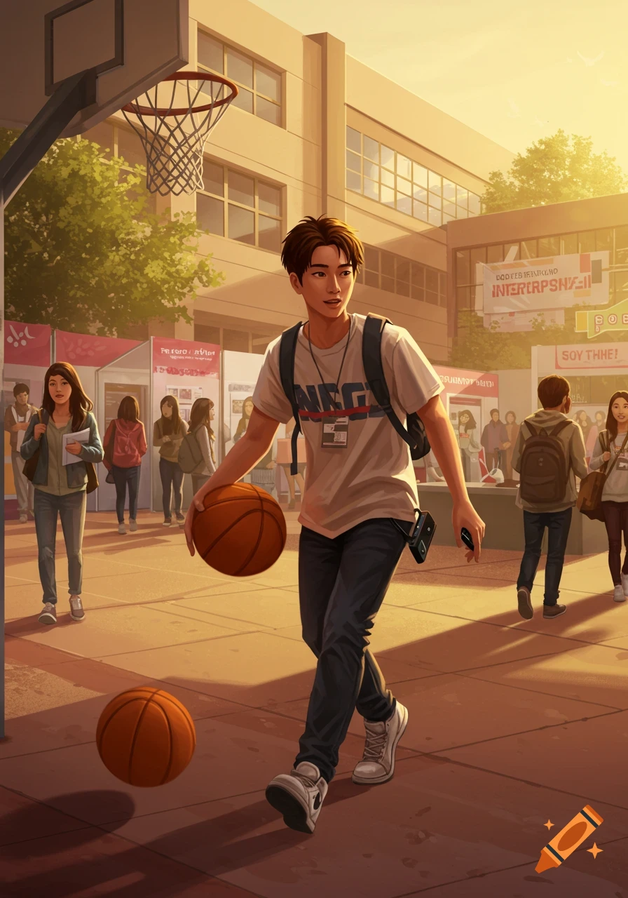 An anime-style image of a male student dribbling a basketball on a ...