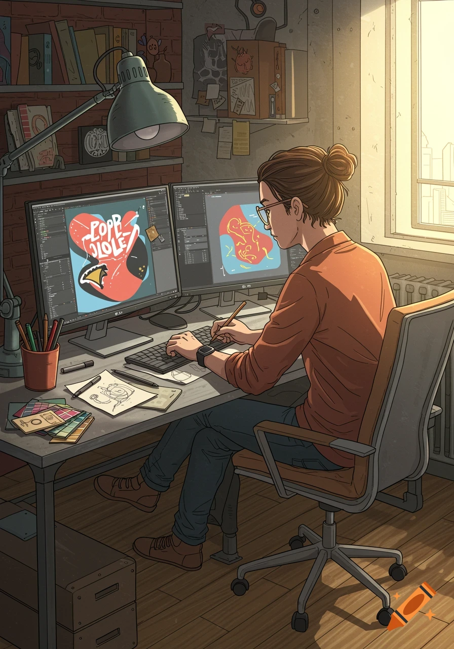 An illustrated person with a bun sits at a desk, working on graphic ...