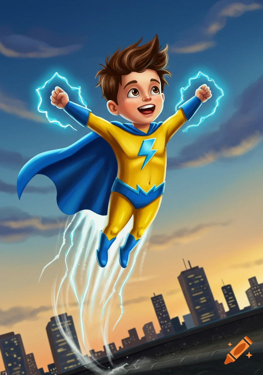 A cartoon superhero made of golden crispy honey flies over a city at ...