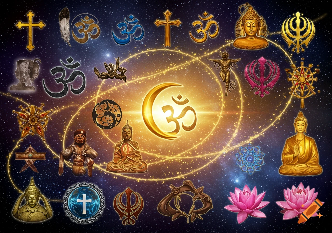 A vibrant cosmic collage featuring various golden religious and ...