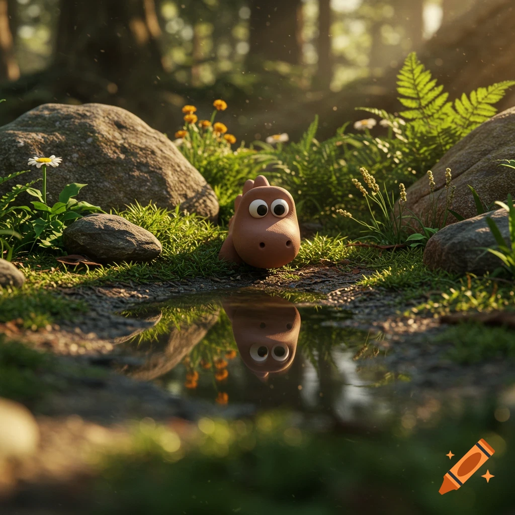 A cute claymation creature with big eyes lies on a forest path, looking ...