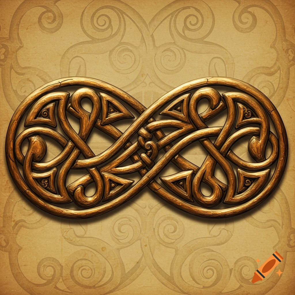 A golden Celtic knot design resembling a sun, with intricate intertwined patterns, on a dark ...