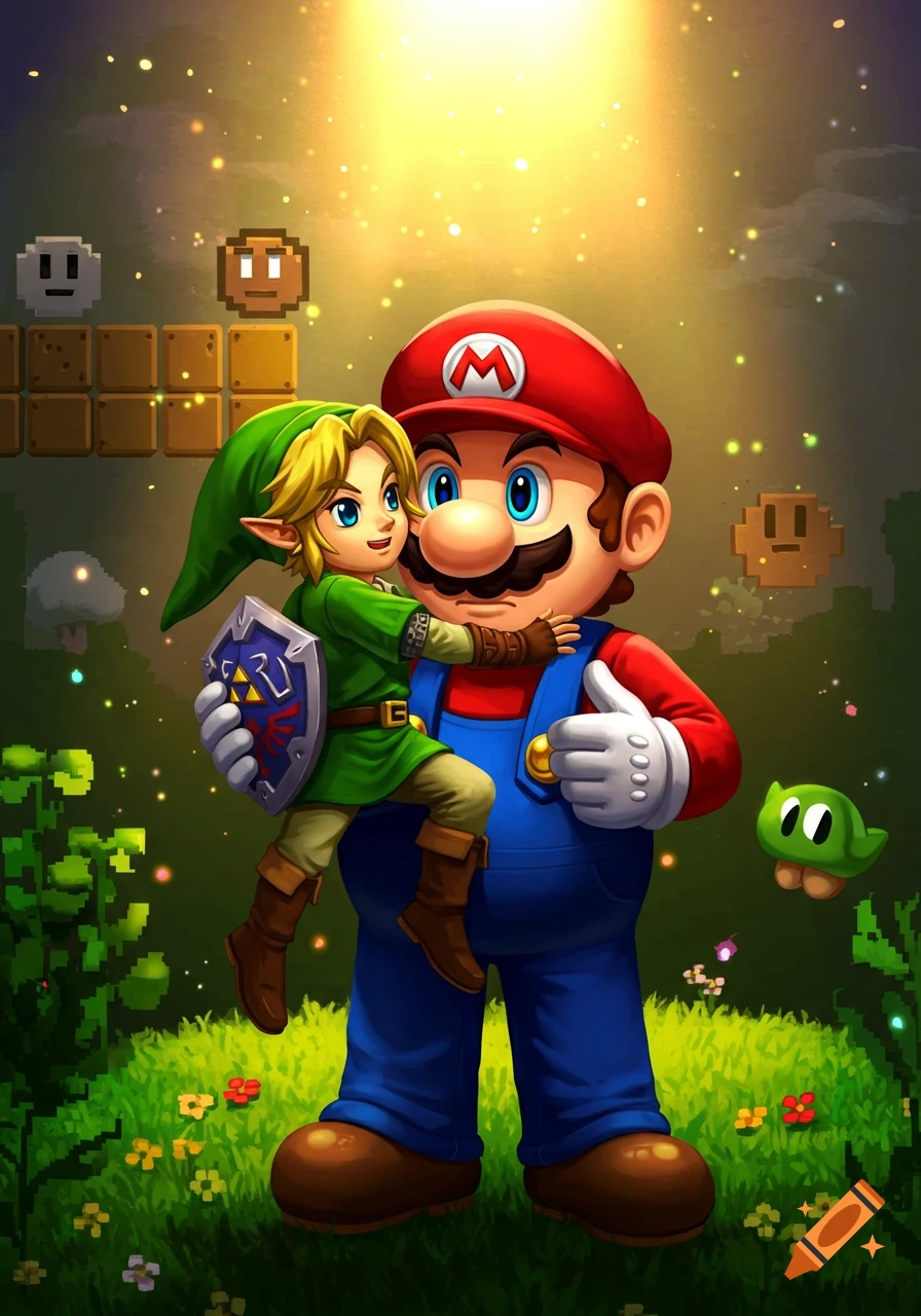 Mario holds Link in a vibrant digital illustration of a pixelated ...