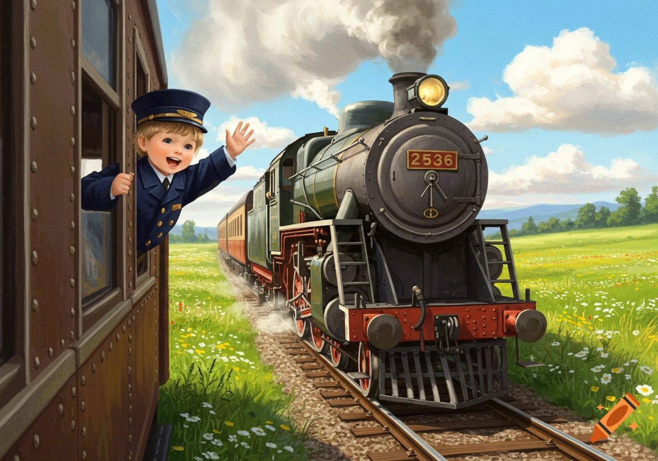 A happy child in a conductor uniform waves from a train window as a ...