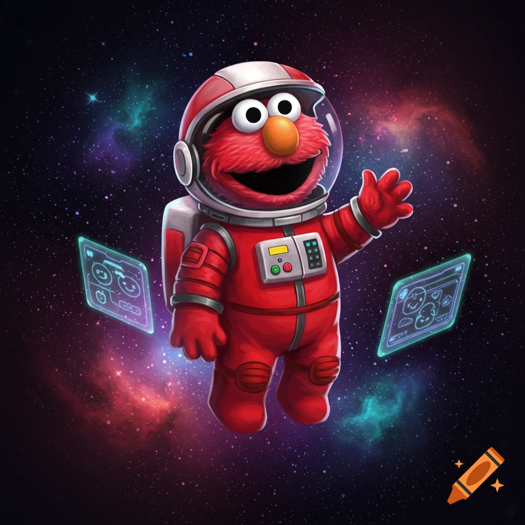 Elmo jumps happily in an autumn forest, surrounded by red and yellow ...