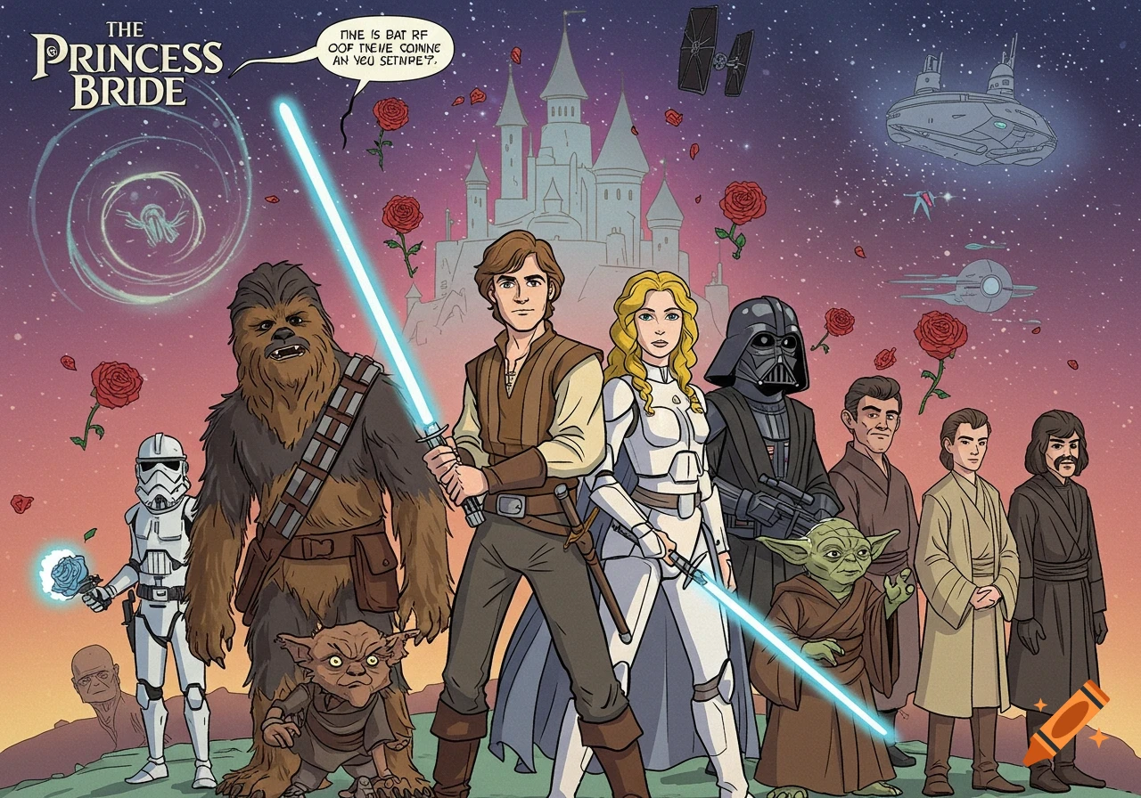 Cartoon crossover poster featuring characters from The Princess Bride ...