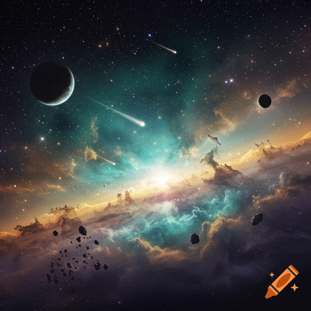 A vibrant, psychedelic space scene featuring multiple spiral galaxies, colorful planets, and ...