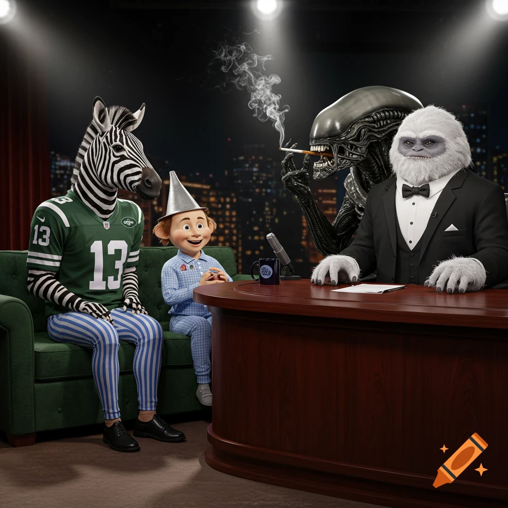 A photorealistic image of a late-night talk show set with an Alien host ...