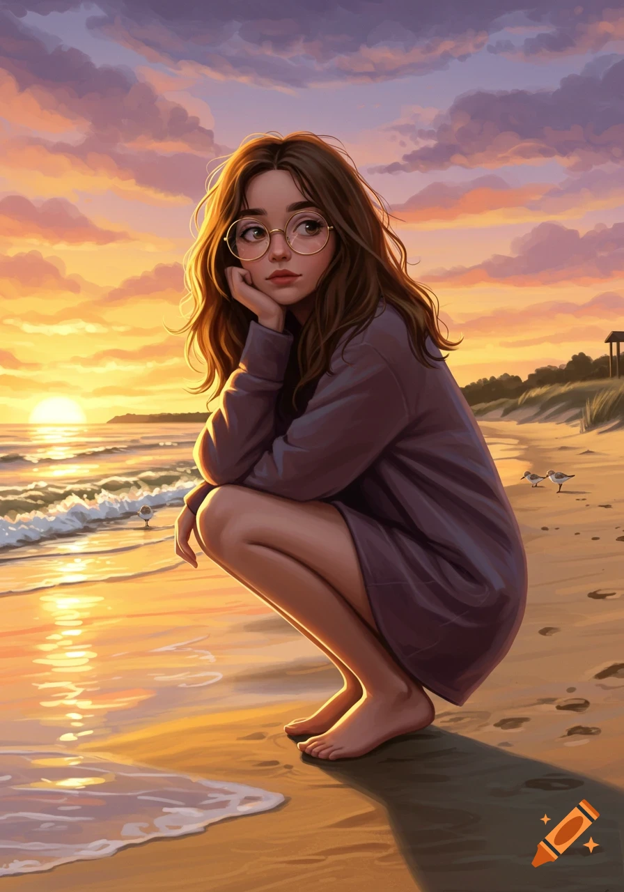 Illustrated girl with brown hair and glasses crouching on a beach at ...