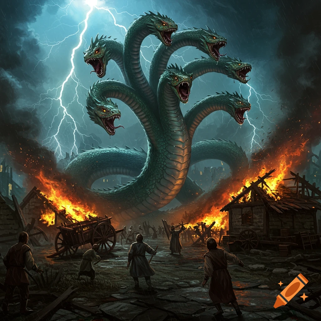 A giant multi-headed green hydra attacks a burning village under a ...