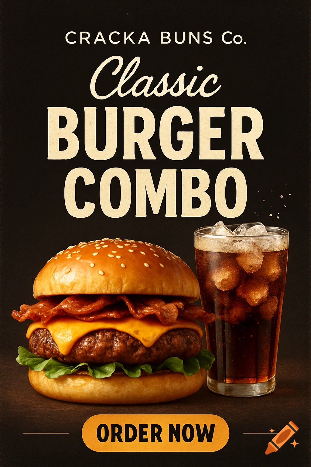 Photorealistic ad for Cracka Buns Co. featuring a Classic Burger Combo with a bacon cheeseburger ...