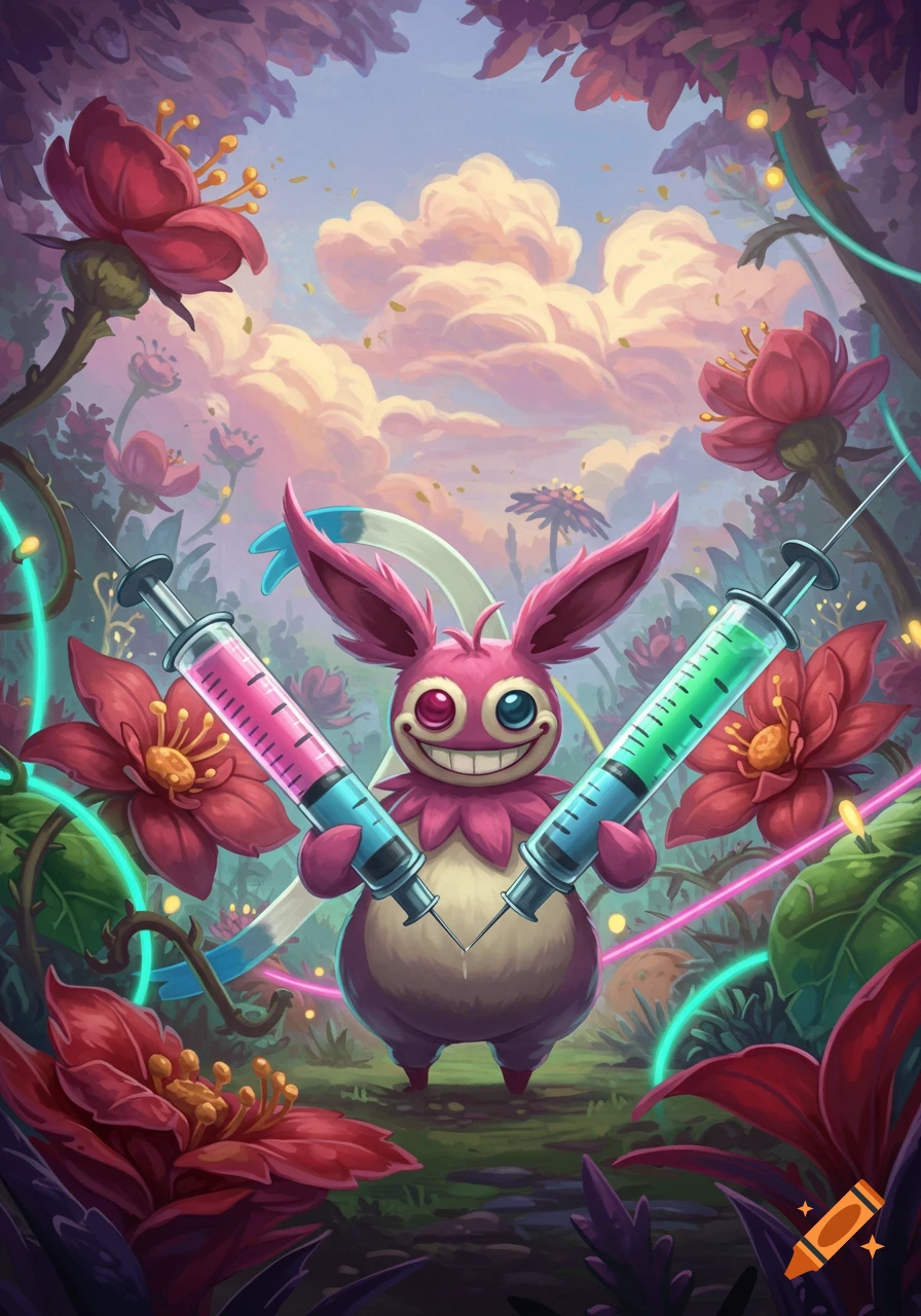 A pink, grinning, cartoon creature with mismatched eyes holds two ...