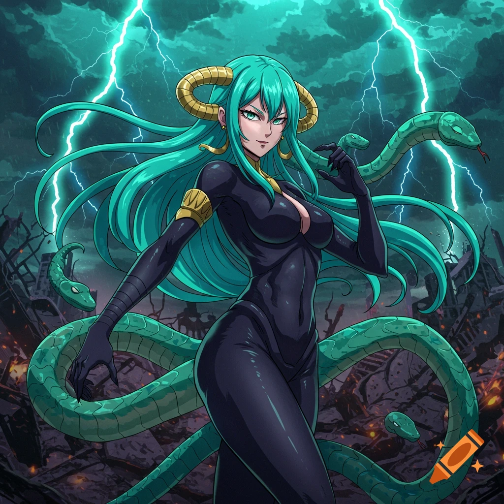 An anime lamia with pink hair, holding a sword and shield, in a dark ...