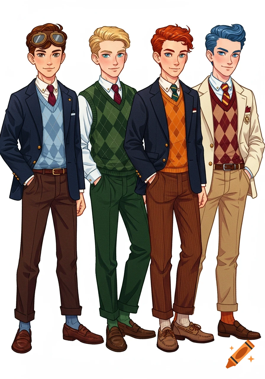 Four young cartoon boys in preppy outfits, each with different hair ...