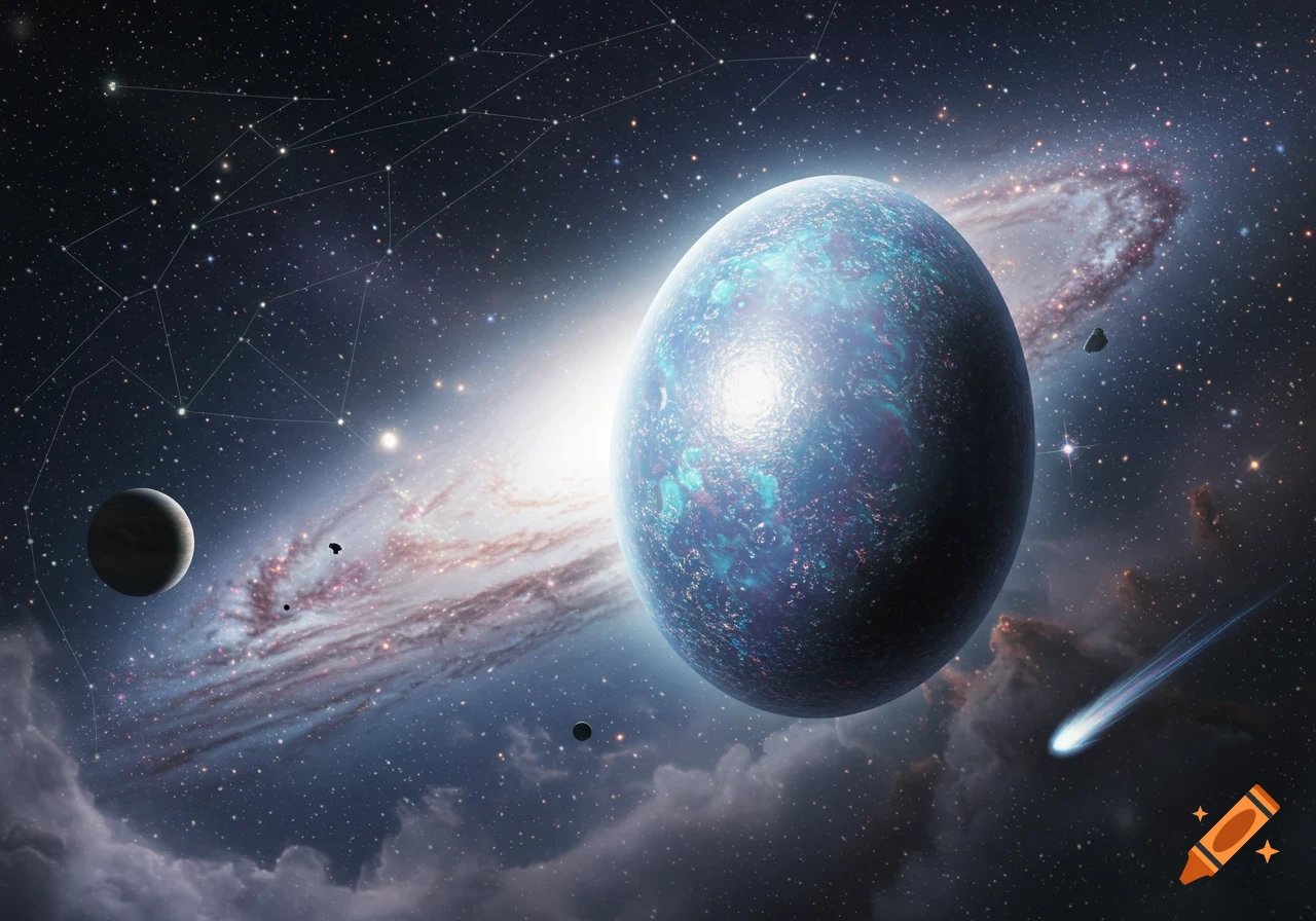 A vibrant digital illustration of planets, some with rings, and a glowing sun-like star in a ...