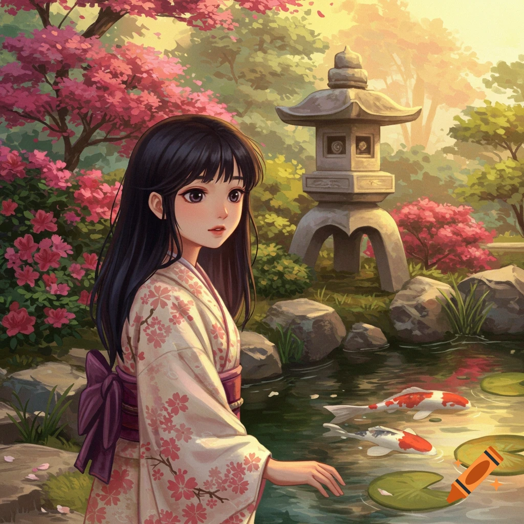 An idyllic animated scene of a steaming Japanese onsen surrounded by ...