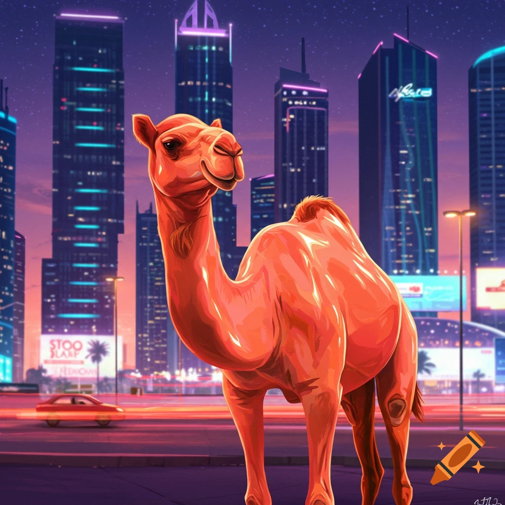 A stylized, peach-colored camel stands on a street with vibrant neon ...