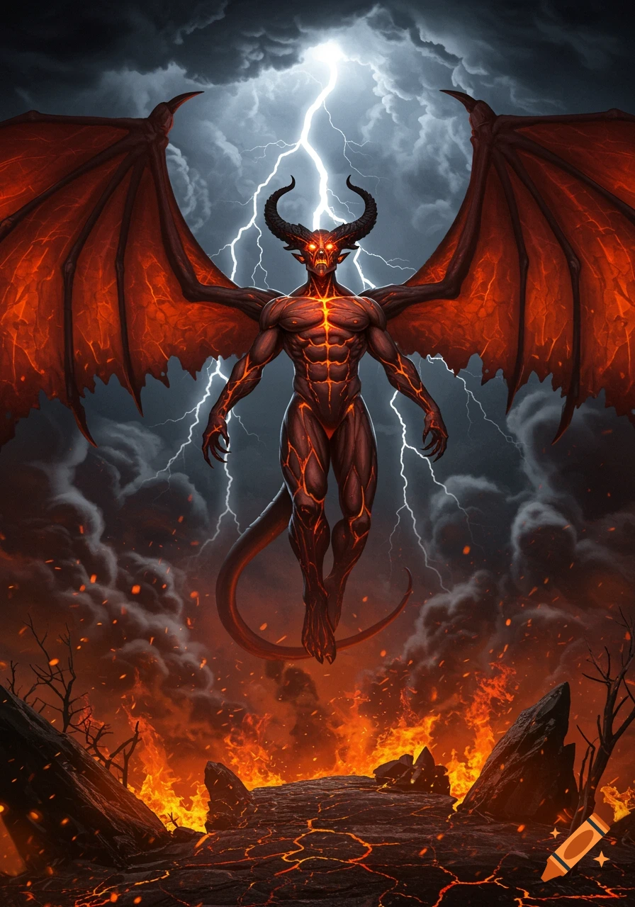 A muscular, winged demon with horns and glowing red eyes floats above a ...