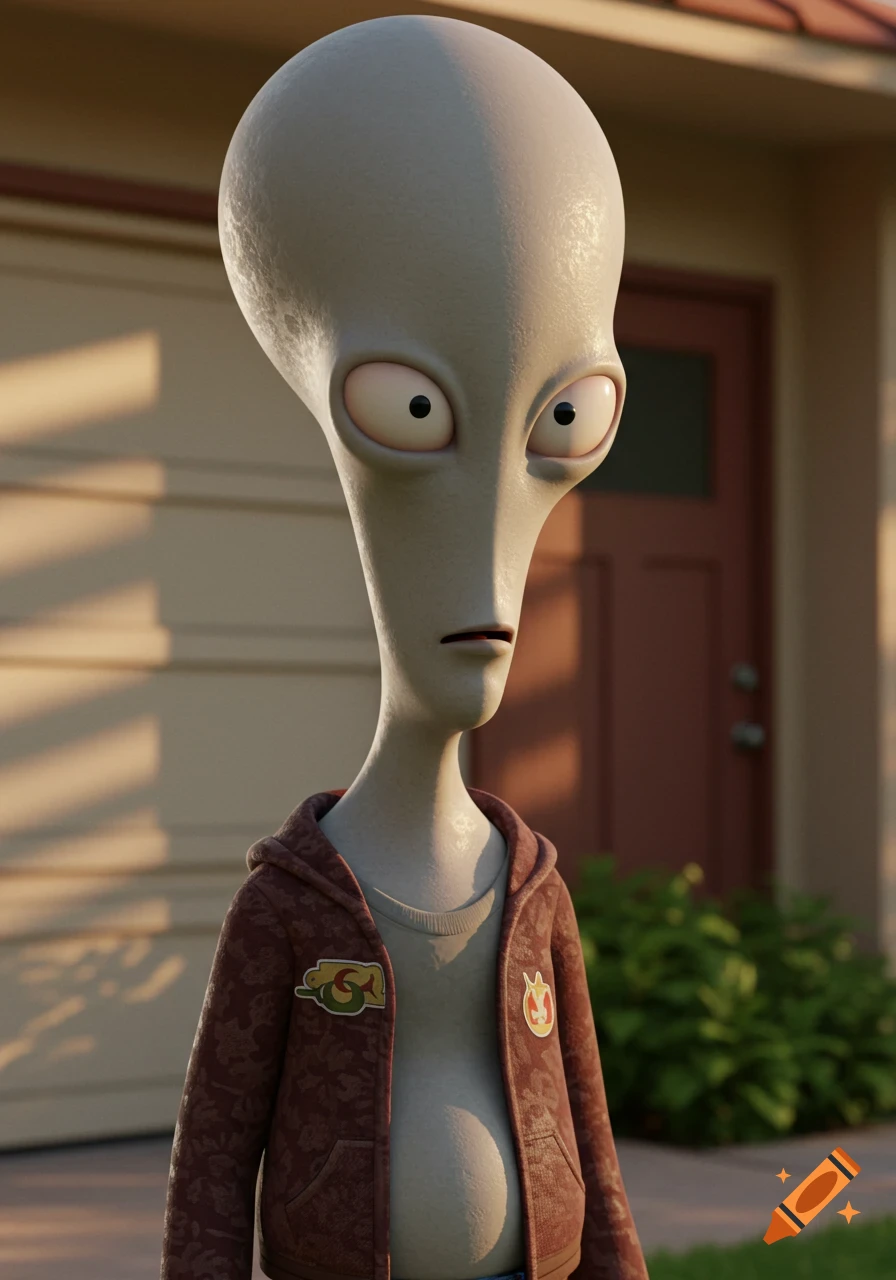A photorealistic 3D render of Roger the alien from American Dad ...